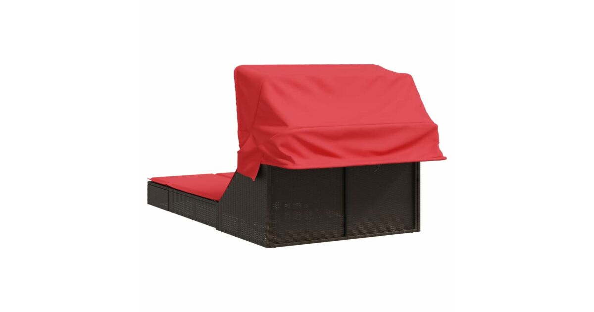 vidaXL șezlong dublu din polirattan maro cu copertină și perne șezlong ...