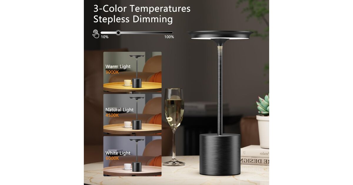 Bezdrôtová LED stolová lampa 6000 mAh 3 svetelné režimy moderná čierna ...