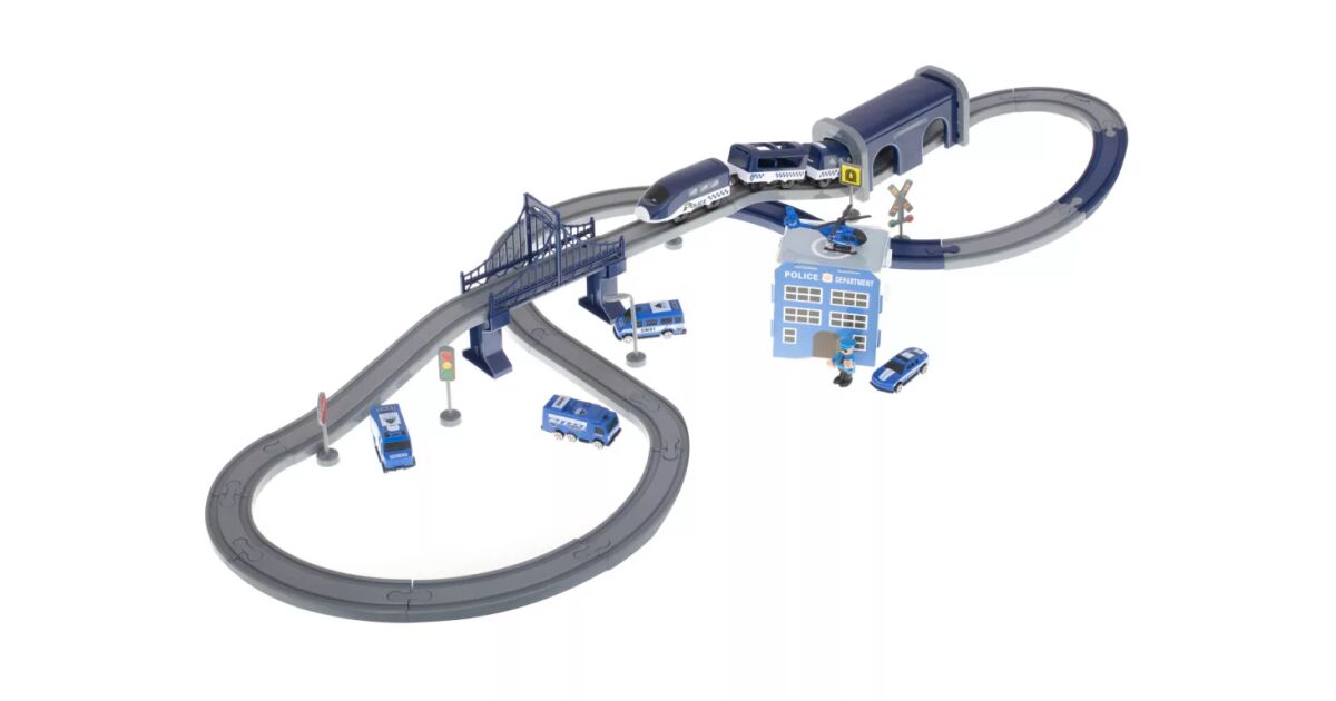 Elektrický vlak a policajné autá, súprava 92 prvkov, ~300cm | Pepita.com
