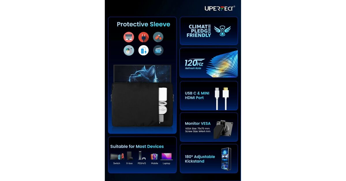SUPERFECT 18,5 hüvelykes hordozható gaming monitor, Full HD 1920x1080 ...