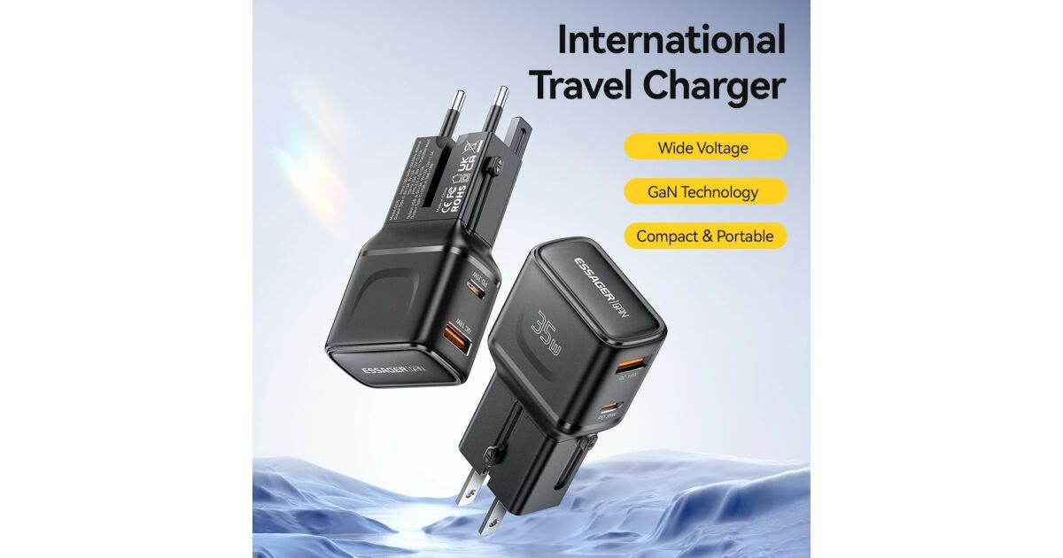 ESSAGER® G535 - 35W GaN cestovná nabíjačka s CN / US + EU + UK + AUS ...