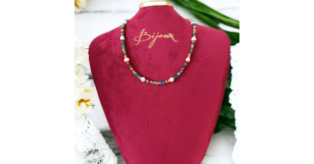Colier Choker perle naturale Ayana cu cipsuri de scoici colorate si ...