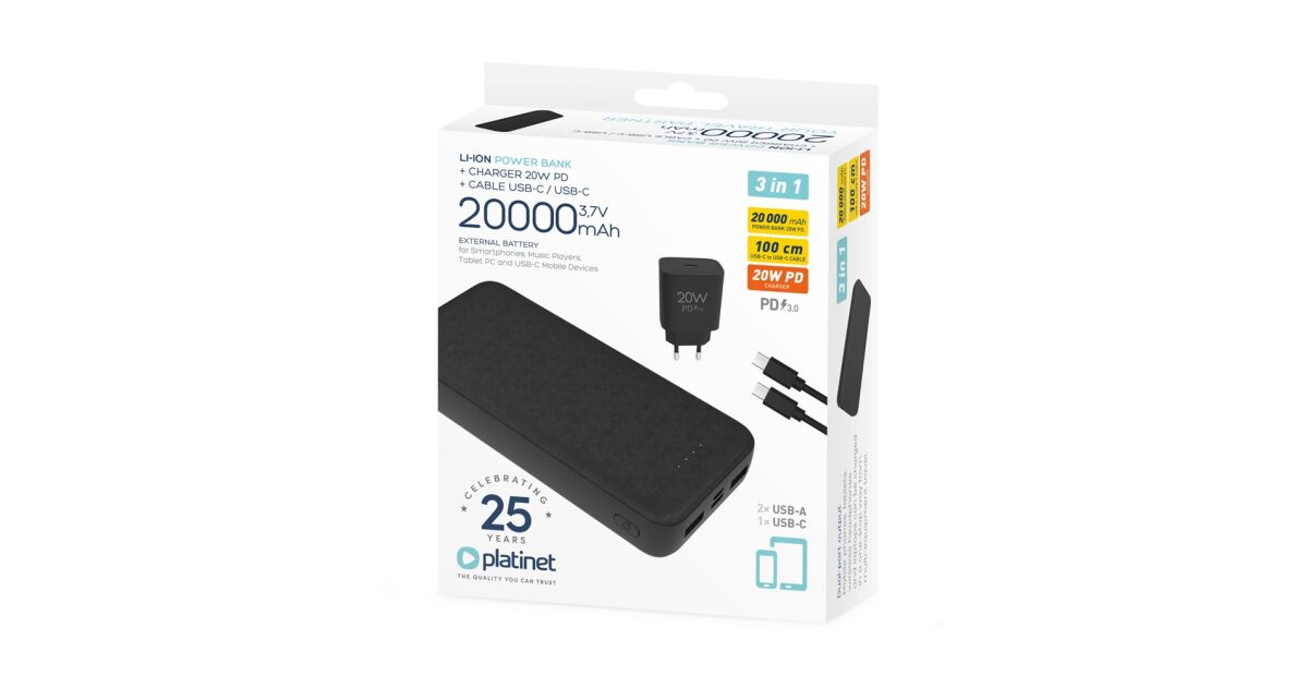 Platinet Power Bank szett 20000 mAh + 20W PD töltő fekete | Pepita.hu