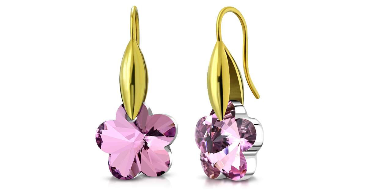 Arany színű nemesacél fülbevaló virág alakú lila kristállyal | Pepita.hu