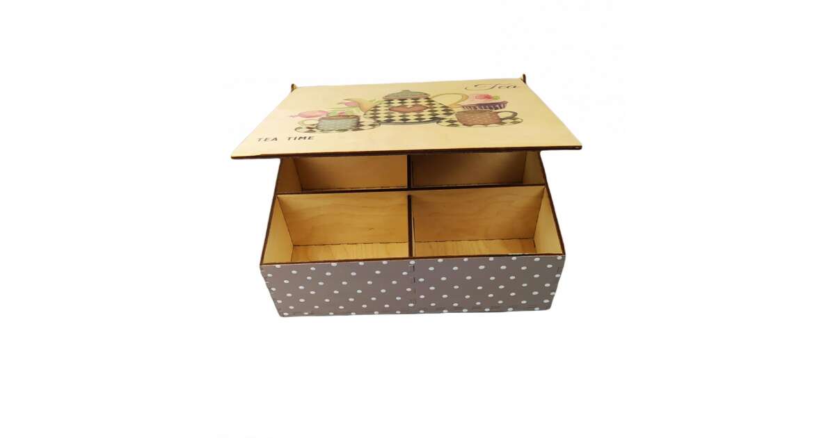 Teás doboz színes bögrés képpel, pöttyös oldallal | Pepita.hu