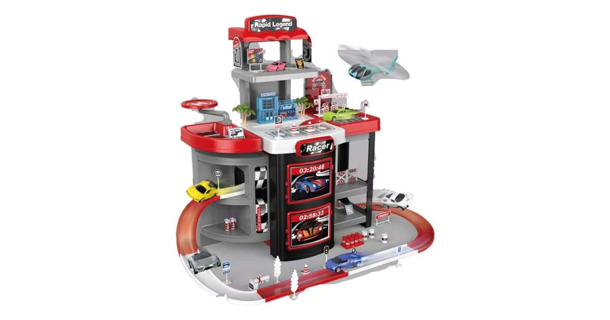 Pepita XXL Autópálya és parkolóház Játékszett járművekkel, helikopter ...