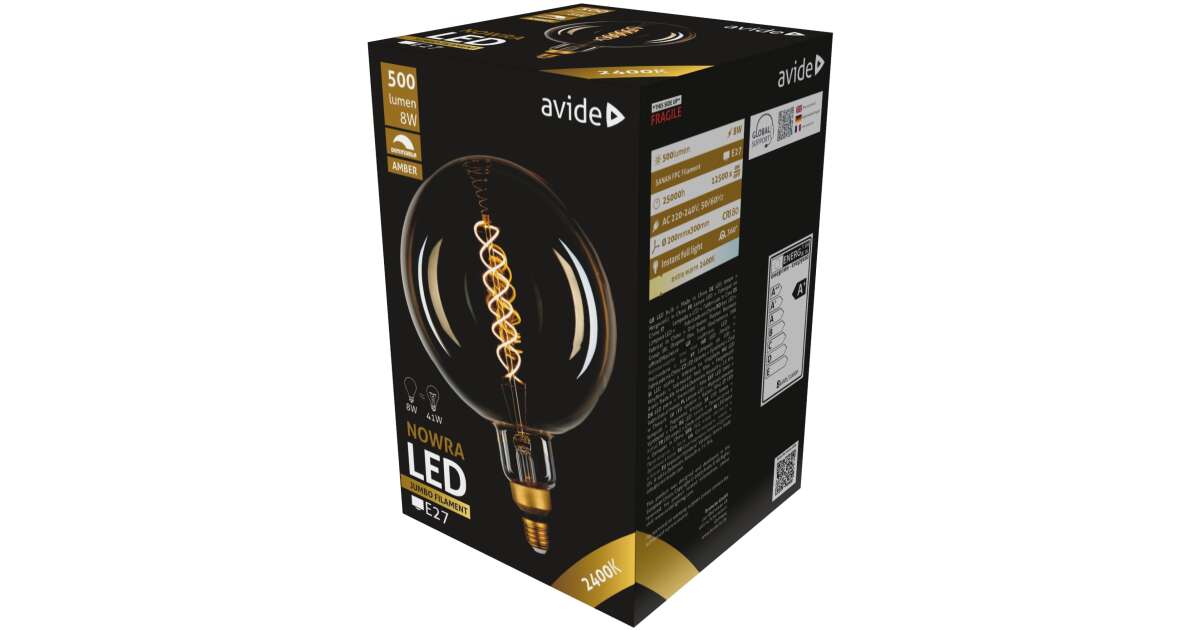 Avide LED Jumbo Filament Nowra 200x300mm Amber 8W E27 2400K Dimmable ...