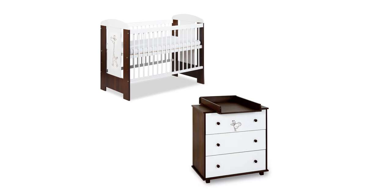 Klups Szafari/Zsiráf kiságy 60x120 + komód - fehér & dió | Pepita.hu