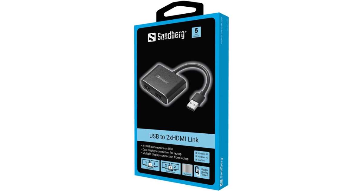 Sandberg Átalakító - USB to 2xHDMI Link (Bemenet: USB-A 2.0, Kimenet ...