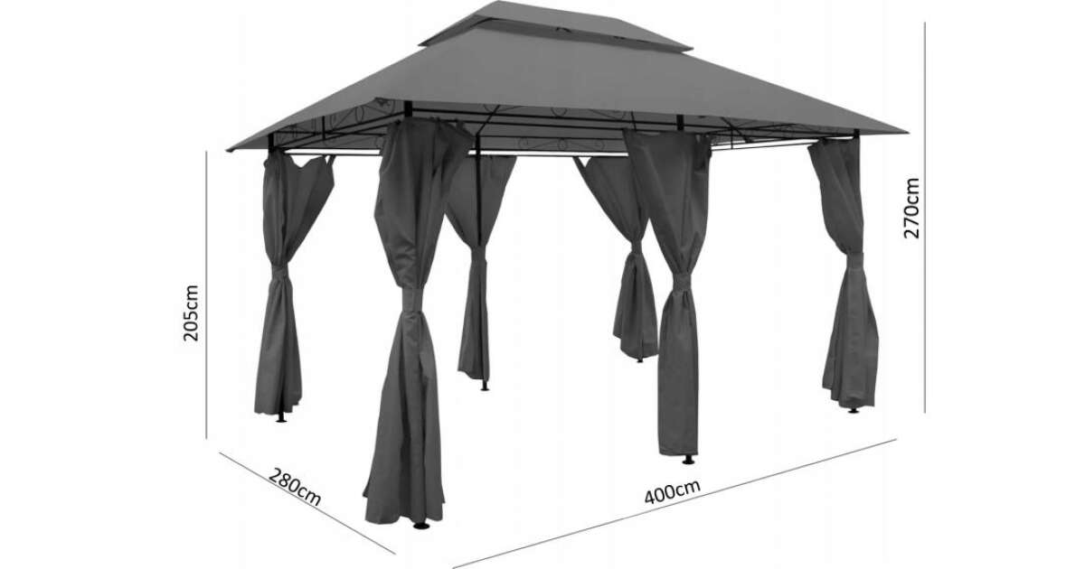 Gardenline Kerti Pavilon, Fém, Függönyökkel, Szürke, 3x4 m | Pepita.hu