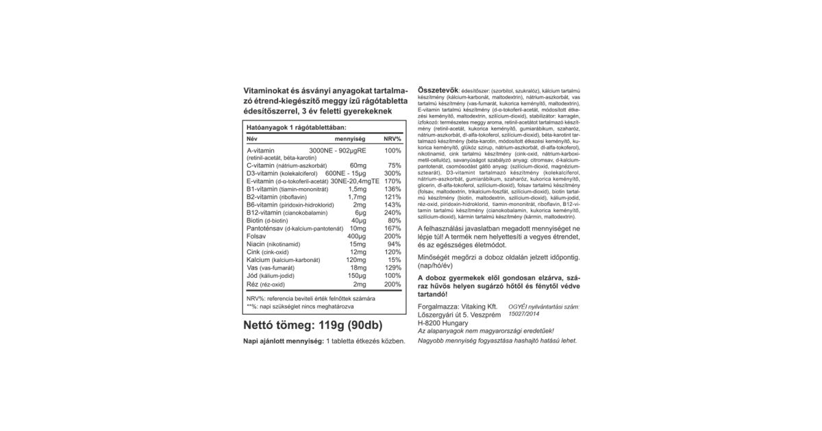 Vitaking Gyerek Multivitamin - Meggyes - 90 tabletta | Pepita.hu