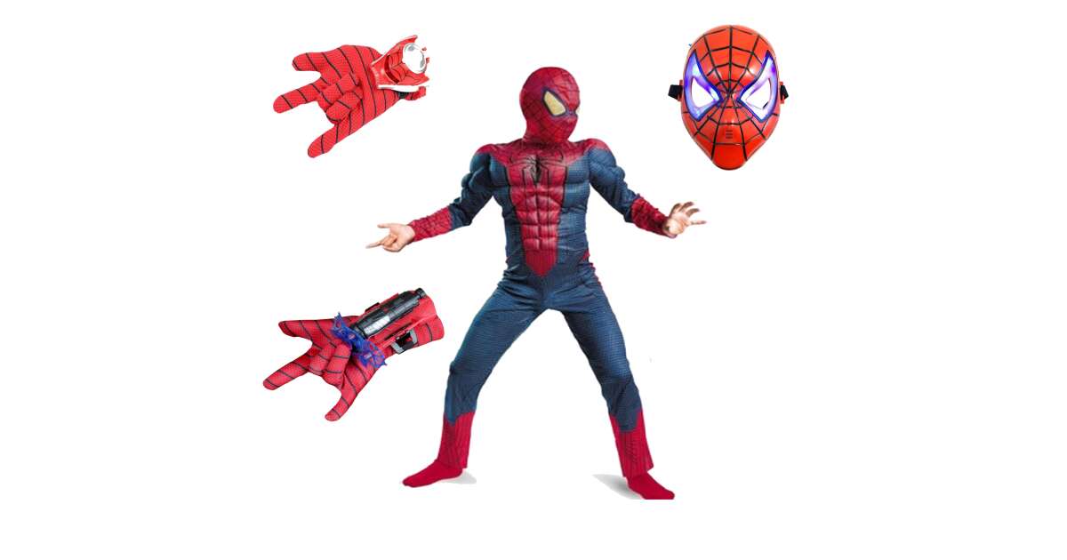 Pókember jelmez, izom párnákkal, 3-5 éves gyerekeknek, 2 tapadókorongos ...