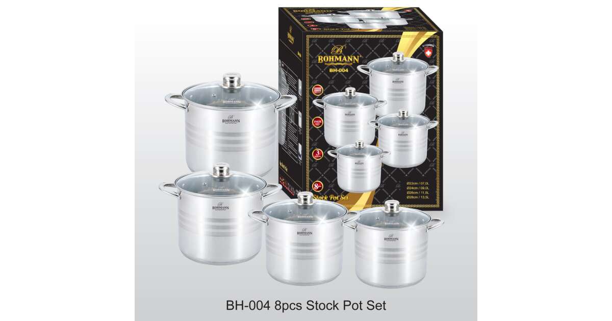 Bohmann 8 Részes Inox Edénykészlet Indukciós, 3 Rétegű, 7L, 9L, 12L ...