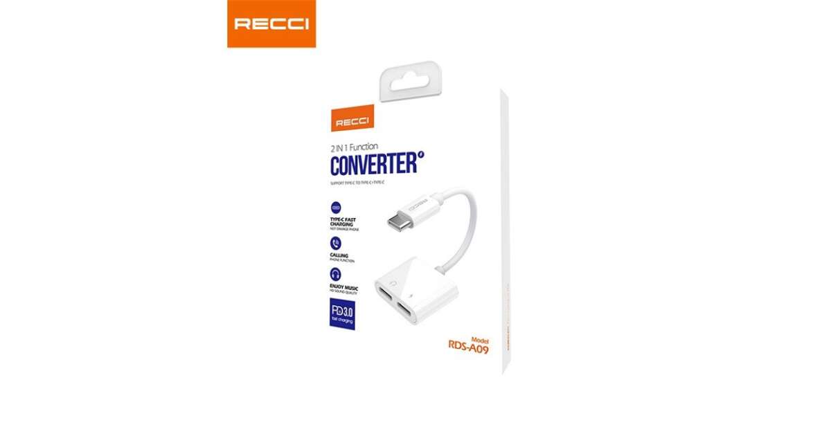 Recci RDS-A09 2x Type C - Type C fehér töltő és audió elosztó adapter ...