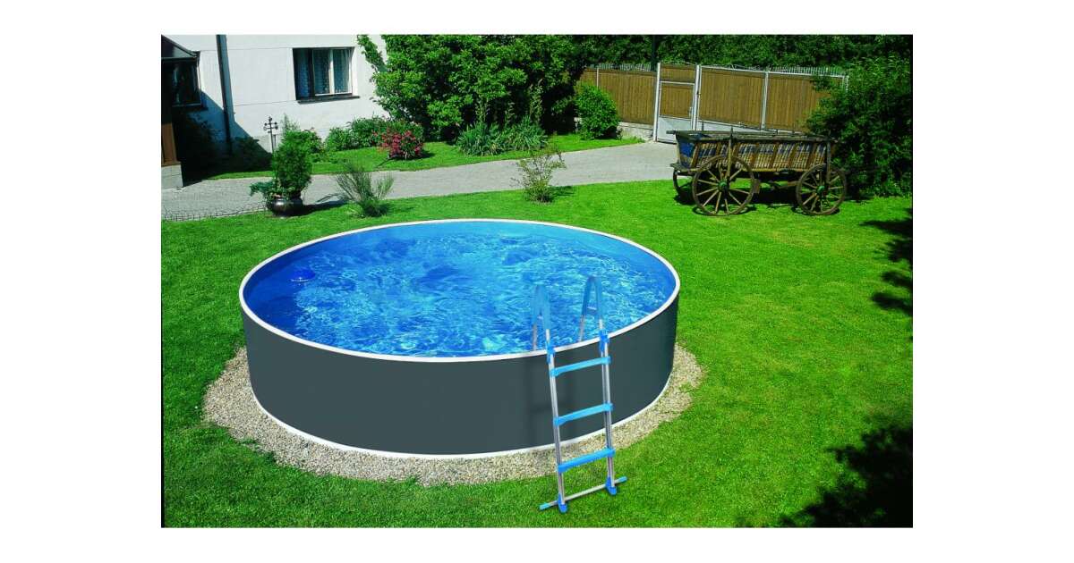 Azuro 5,0 x 1,2 m-es kör alakú grafit színu medence kék fóliával szuro ...
