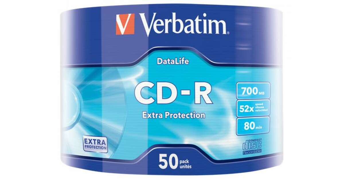 Disc CD-R VERBATIM, 700MB, 52x, 50 buc, înveliș retractabil, VERBATIM DataLife | Pepita.com