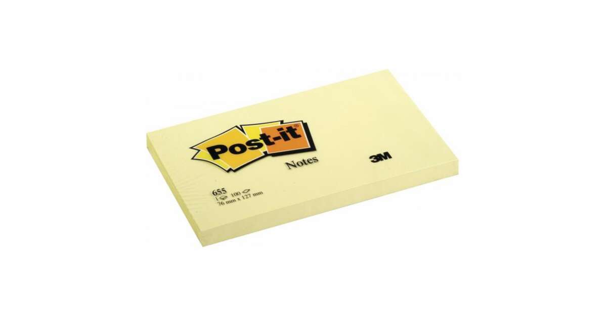 Bloc de notițe autocolante, 76x127mm, 100 de coli, 3M 655 Post-It, galben | Pepita.com