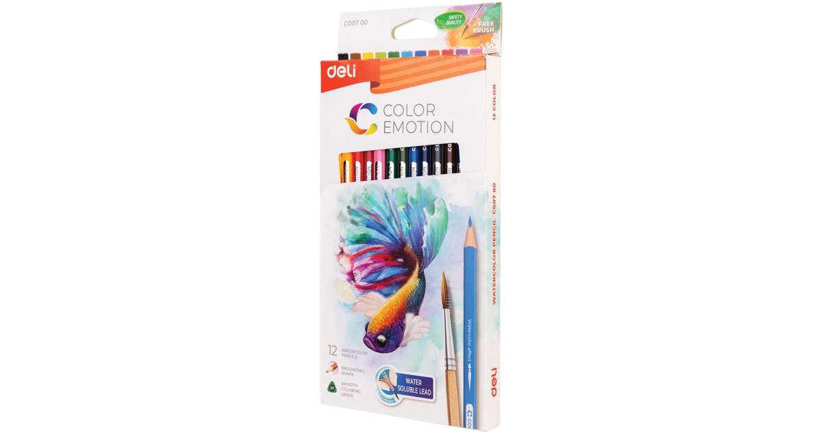 Akvarellceruza készlet, papírdobozban, DELI COLOR EMOTION, 12 különböző ...