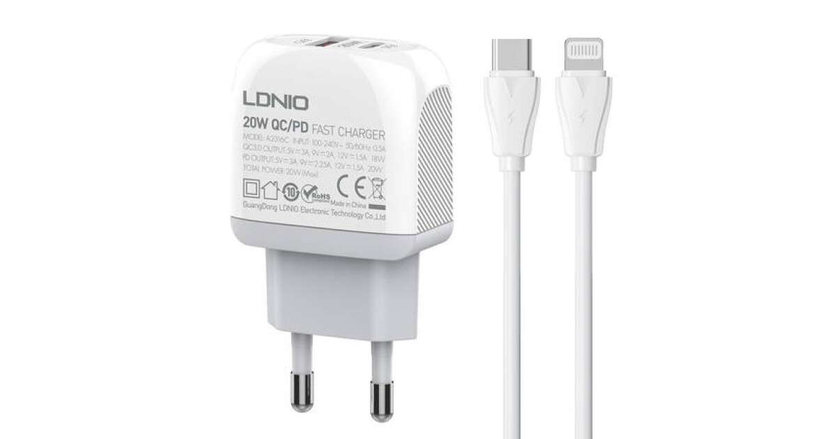 LDNIO USB/USB-C PD + QC 3.0 hálózati töltő 20W A2316C + Lightning kábel ...