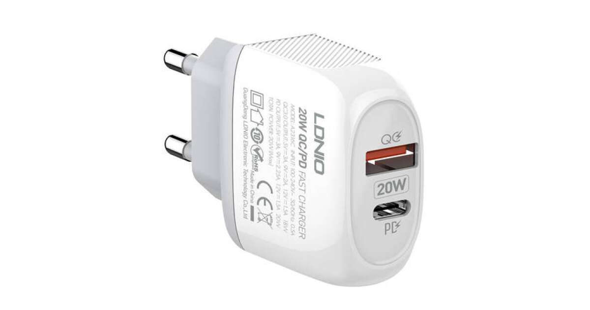 LDNIO USB/USB-C PD + QC 3.0 hálózati töltő 20W A2316C + Lightning kábel ...