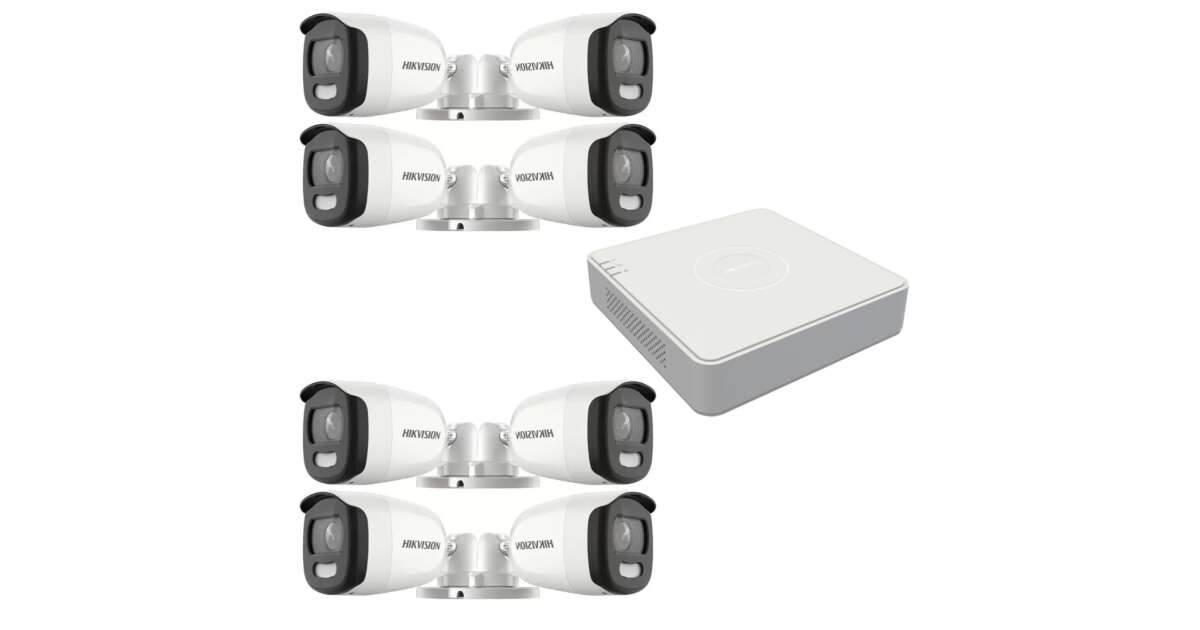8 kamerás megfigyelőrendszer Hikvision ColorVU 5MP, 2.8mm, fehér fény ...