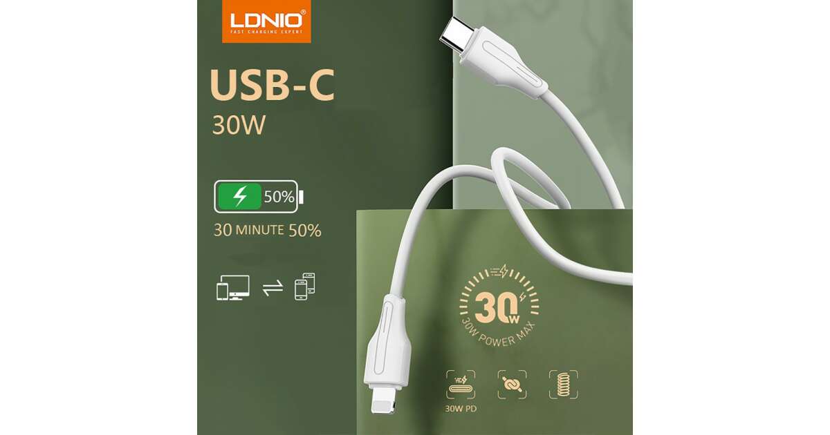 LDNIO LC121i USB-C - Lightning Töltőkábel - 30W - 1m | Pepita.hu
