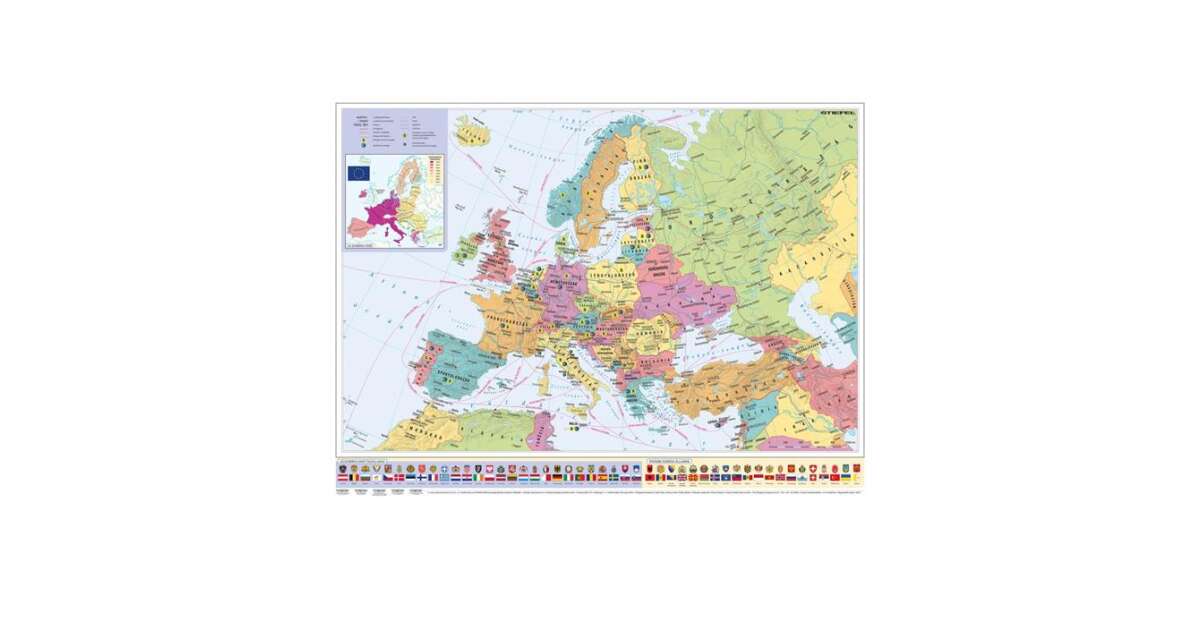 Mapa ścienna STIEFEL, 70x100 cm, metalowy pasek, Kraje Europy i Unii ...