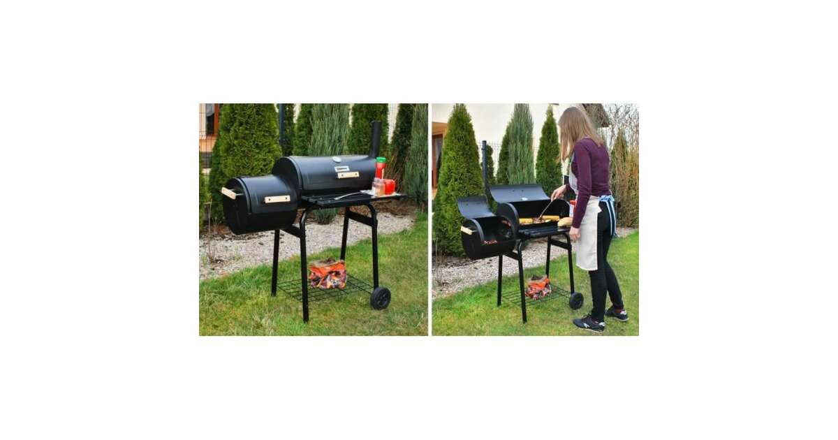 Gratar gradina, grill dreptunghiular, cu roti, capac, afumatoare si ...