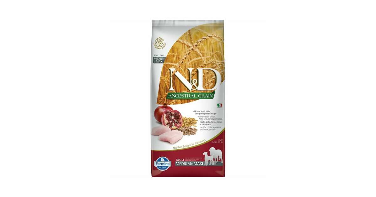 N&D Dog Ancestral Grain pui, speltă, ovăz&rodie adult medium&maxi 12kg ...