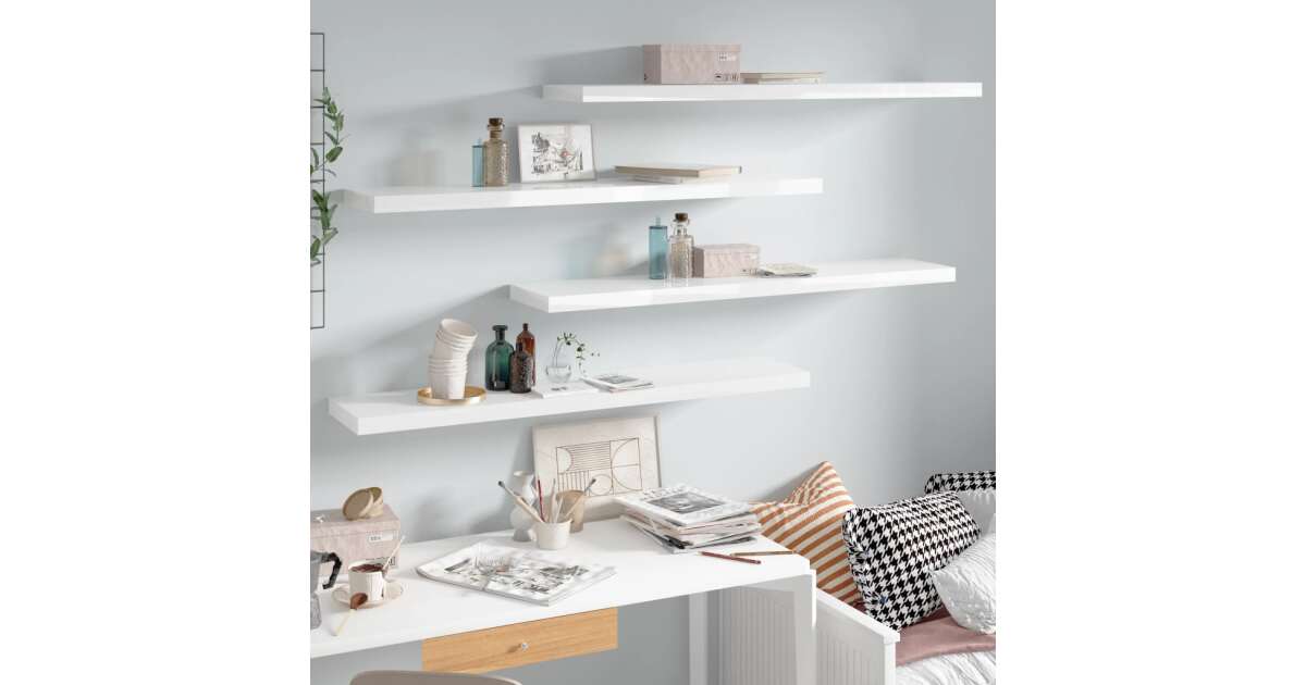 vidaXL 4 db magasfényű fehér MDF fali polc 120 x 23,5 x 3,8 cm | Pepita.hu