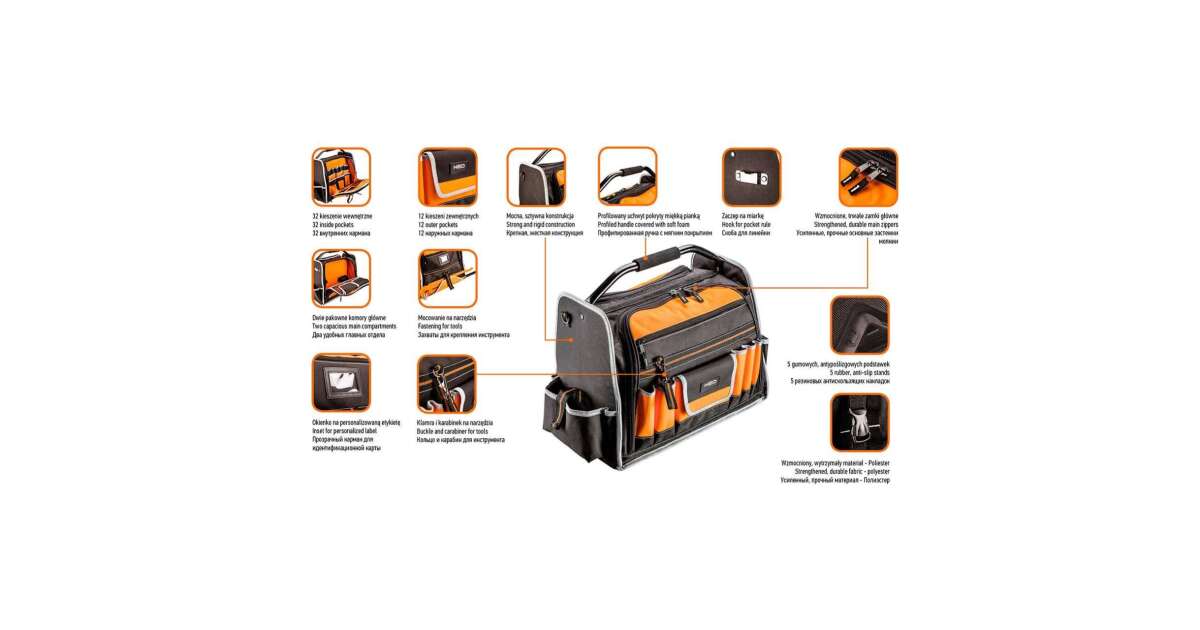 Szerszámtáska, fogantyúval, max 25 kg, 47x26x39 cm, NEO | Pepita.hu