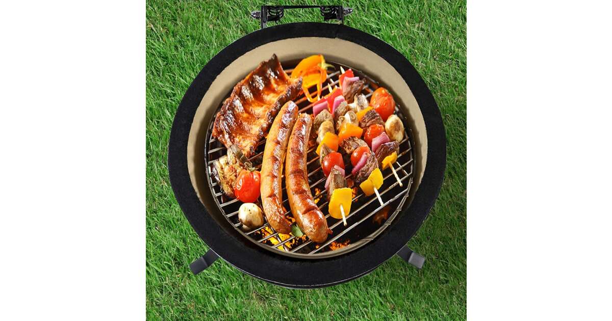 Gratar Kamado gradina, grill rotund, ceramic, cu capac, 44 x 55 x 49 cm ...