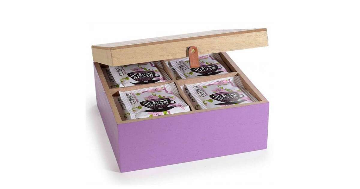 Levendula Mintás Fa Teásdoboz - 4 Rekeszes - 17x8x17 cm | Pepita.hu