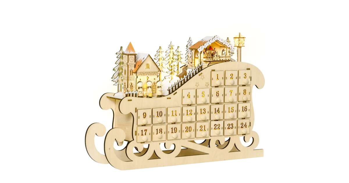 Adventi naptár, Homcom, Fa, Szán alakú, LED-es lámpák, 45x10x31 cm, Világosbarna | Pepita.hu
