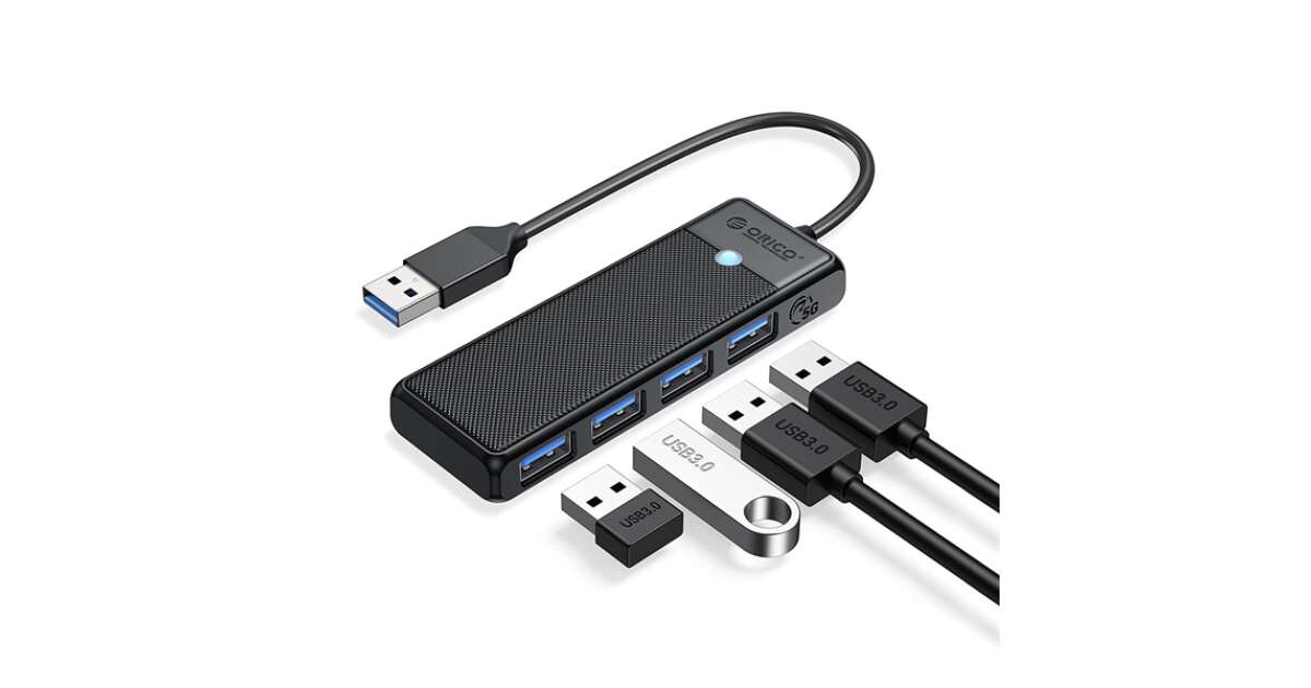 Orico USB3.0 Hub - PAPW4A-U3-015-BK (4 port, Bemenet: USB-A, Kimenet ...