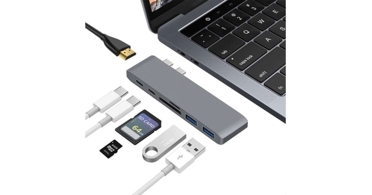 AOVO Hub 7 az 1-ben USB 3.0, MacHub Type C Thunderbolt TF, SD, mikrokártyaolvasó, HDMI 4K ...