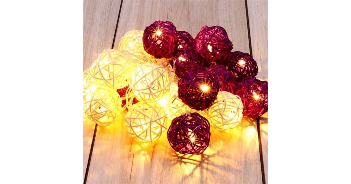 Iris Gömb alakú fonott/rattan/4m/meleg fehér + lila/20db LED-es/3xAA ...