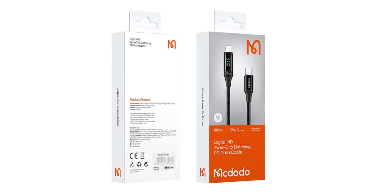 Mcdodo CA-1030 USB-C to Lightning cable, 36W, 1.2m (black) | Pepita.hu