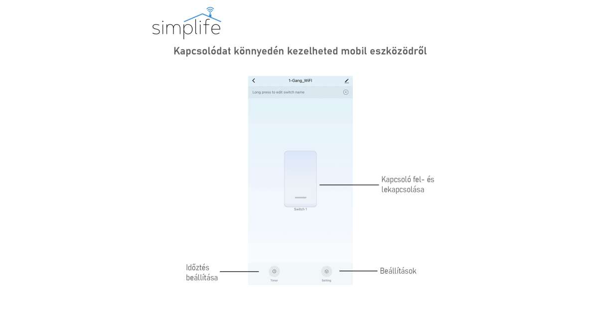 Simplife okos 1 csatornás villanykapcsoló (WiFi + RF) – fekete – (csak ...