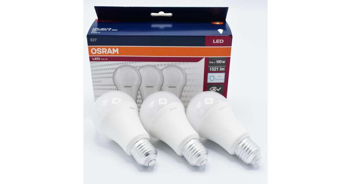3 x Osram LED Bulbs 13W (100W), E27, 1521 lm, Cool White (6500K), Opal ...