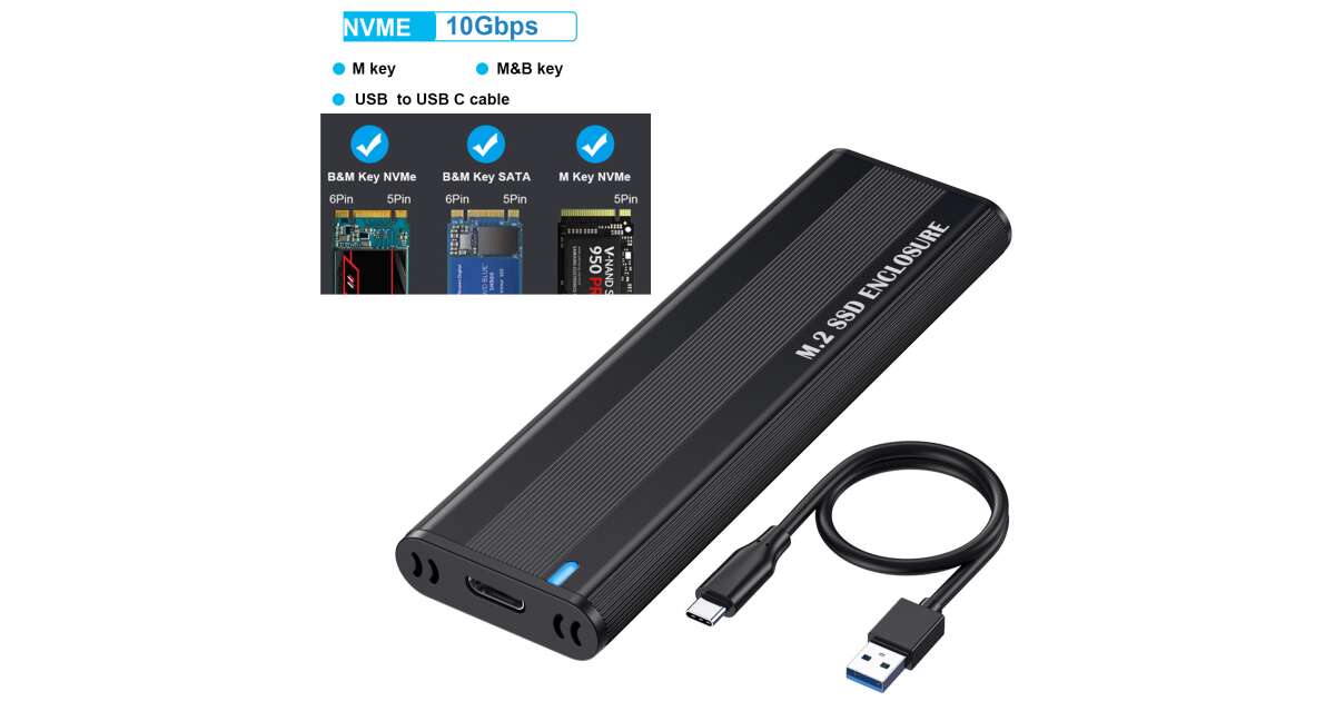 Külső SSD merevlemez ház, M.2 PCIe NVMe SSD, 10Gbps, Type-C kimenet ...