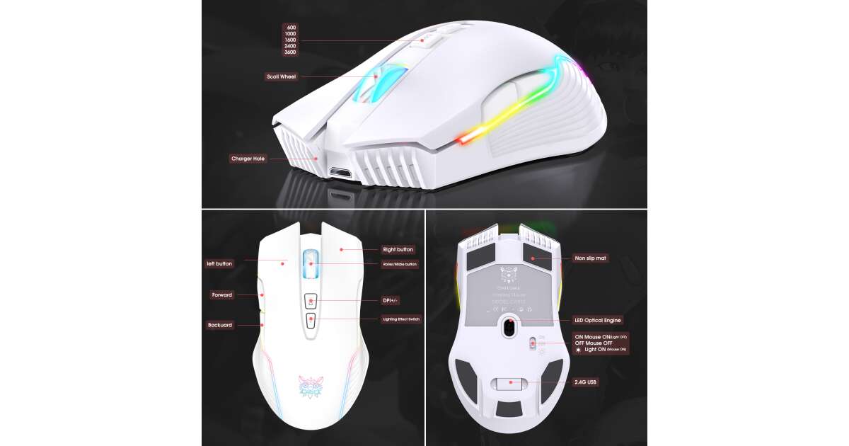 Onikuma CW905 2.4G Wireless Gaming Mouse, White | Pepita.com