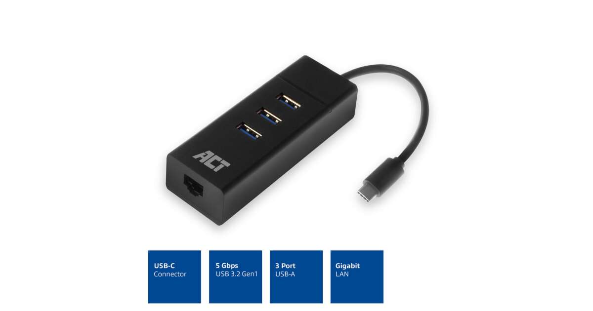 ACT USB-C Hub 3 Port Gigabit LAN | Pepita.hu