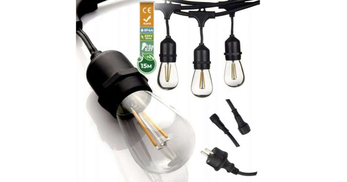 Kültéri fényfűzér kerti égősor girland 15m + 16db 1W LED izzó IP44 E27 ...