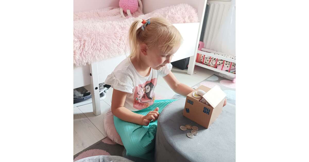 Interaktív cicás persely gyerekeknek - dobozban rejtőző pénzlopó cica - 12 x 10 x 9 cm (BB-3051 ...