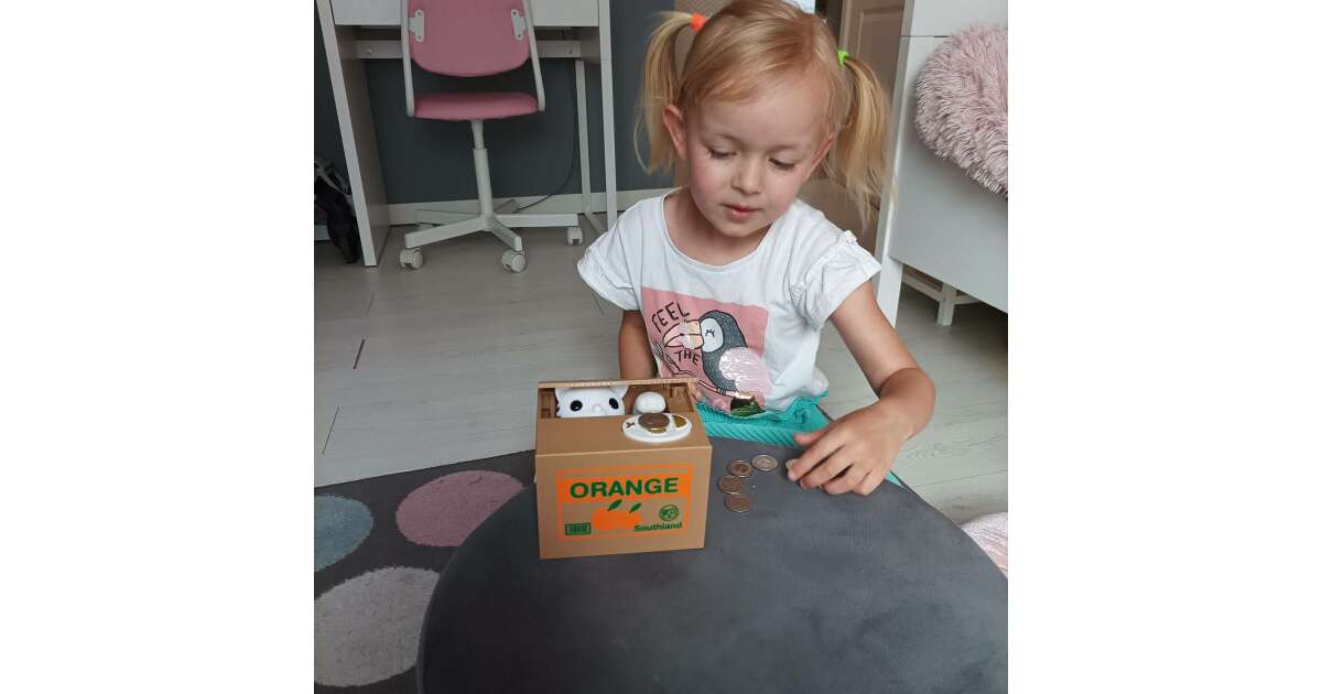 Interaktív cicás persely gyerekeknek - dobozban rejtőző pénzlopó cica - 12 x 10 x 9 cm (BB-3051 ...