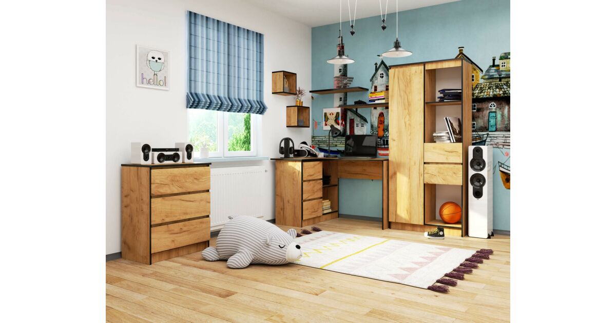 Akord - B16 Sarokasztal, 124 cm, Bal Elrendezés, 3 Fiókos, Craft Tölgy ...