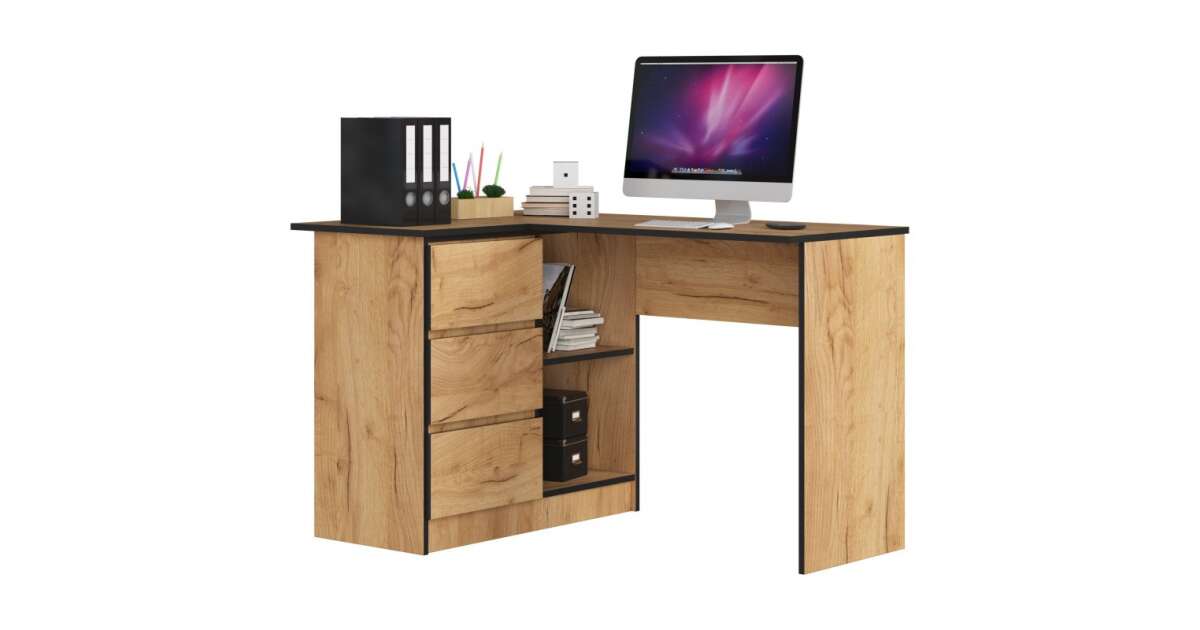 Akord - B16 Sarokasztal, 124 cm, Bal Elrendezés, 3 Fiókos, Craft Tölgy ...