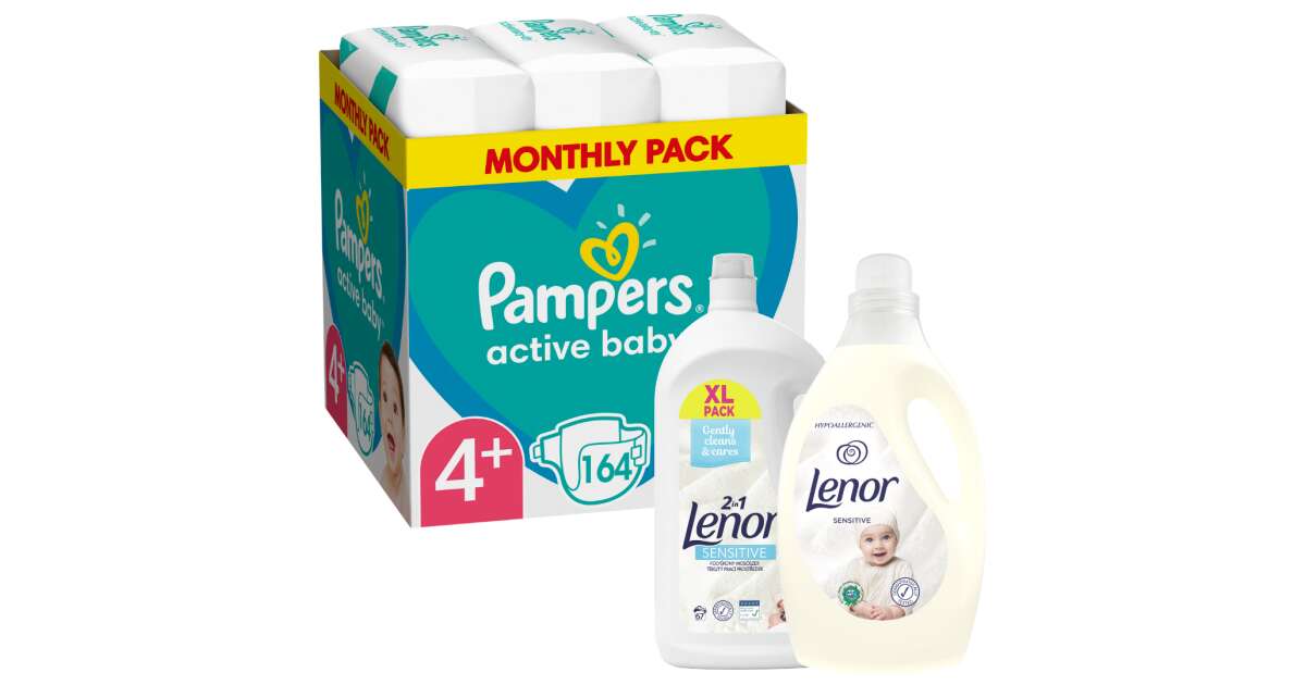 Pampers Active Baby havi Pelenkacsomag 10-15kg Maxi 4+ (164db) + Lenor ...