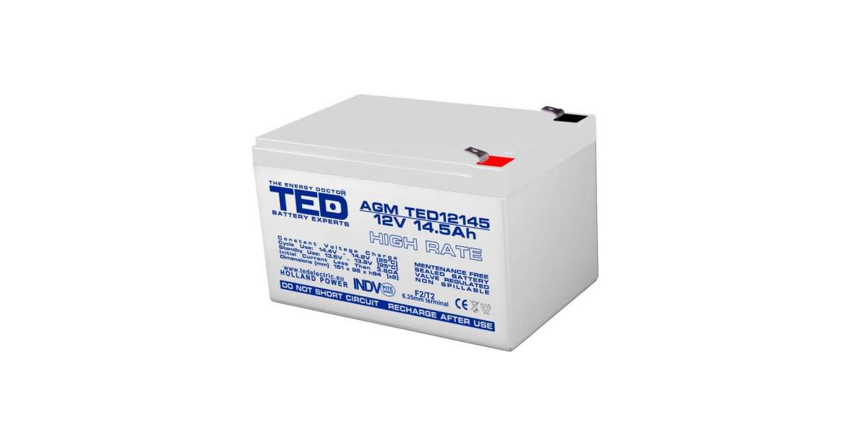 Akkumulátor AGM VRLA 12V 14,5A High Rate 151mm x 98mm x h 95mm F2 TED ...